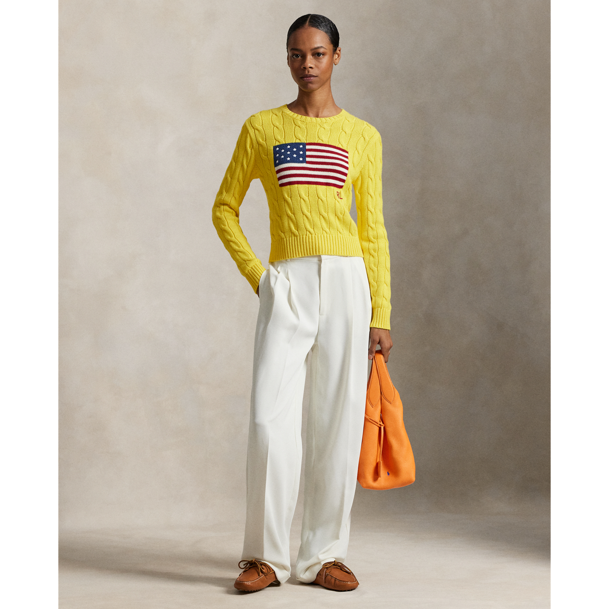RALPH LAUREN flag cable-knit cotton cropped sweater
